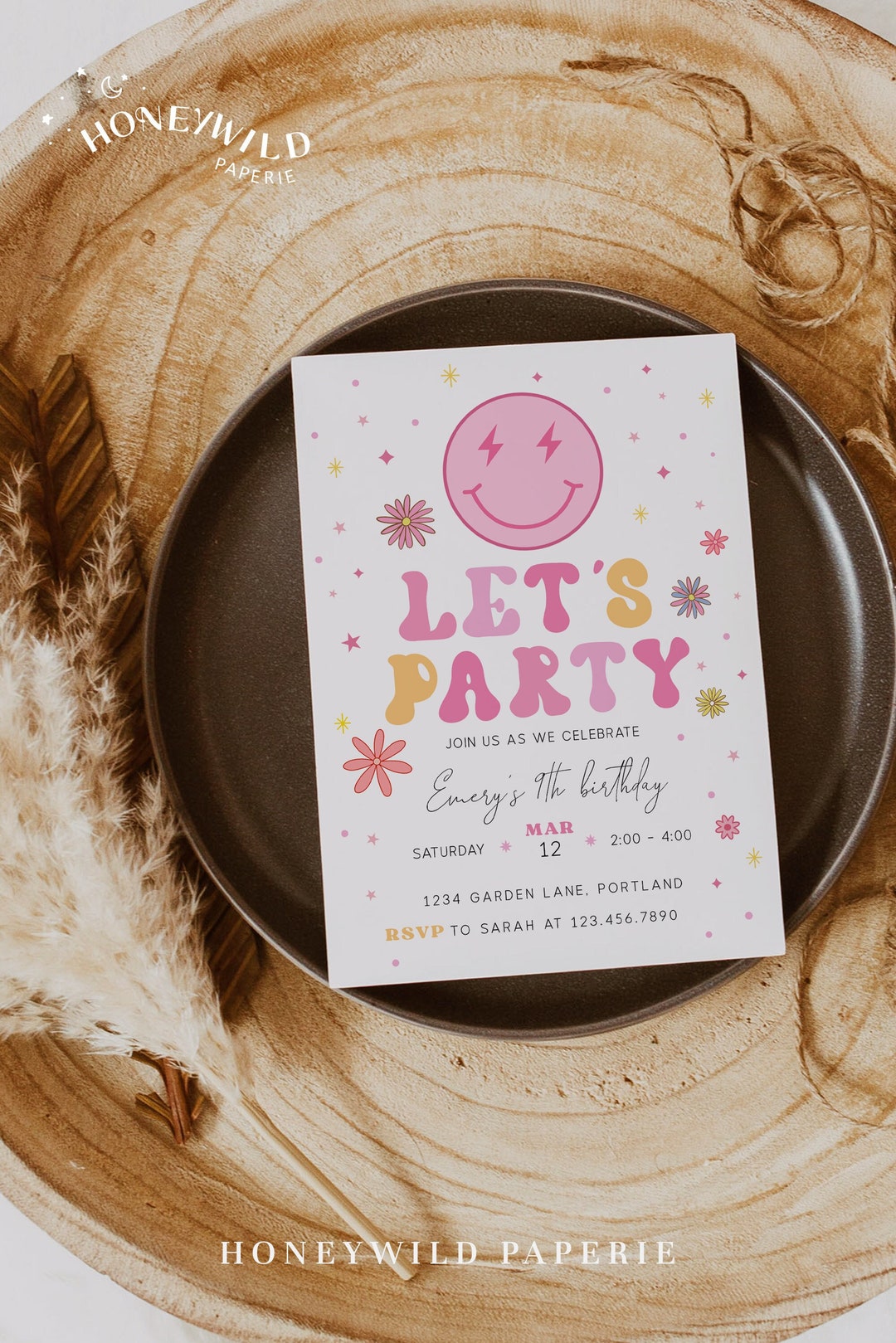 Pink Preppy Let's Party Girl Birthday Invitation, Pink Smiley Face ...