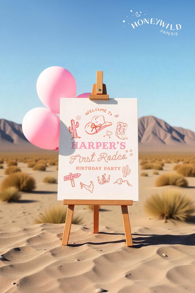 Girl's Rodeo Party Welcome Sign - Hand Drawn Cowgirl Birthday Welcome ...