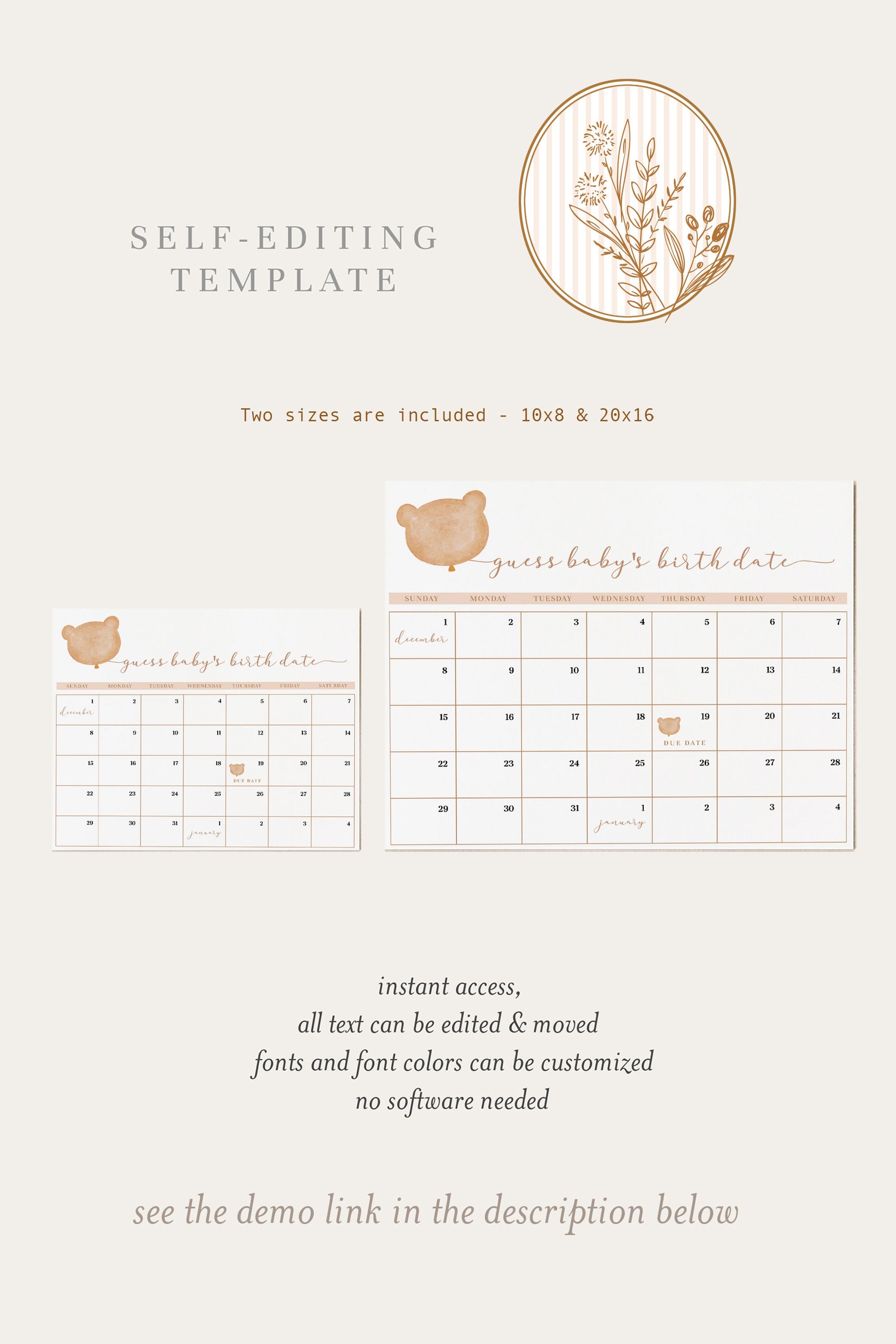 Bear Baby Due Date Calendar Game - Editable Guess Baby's Birth Date ...