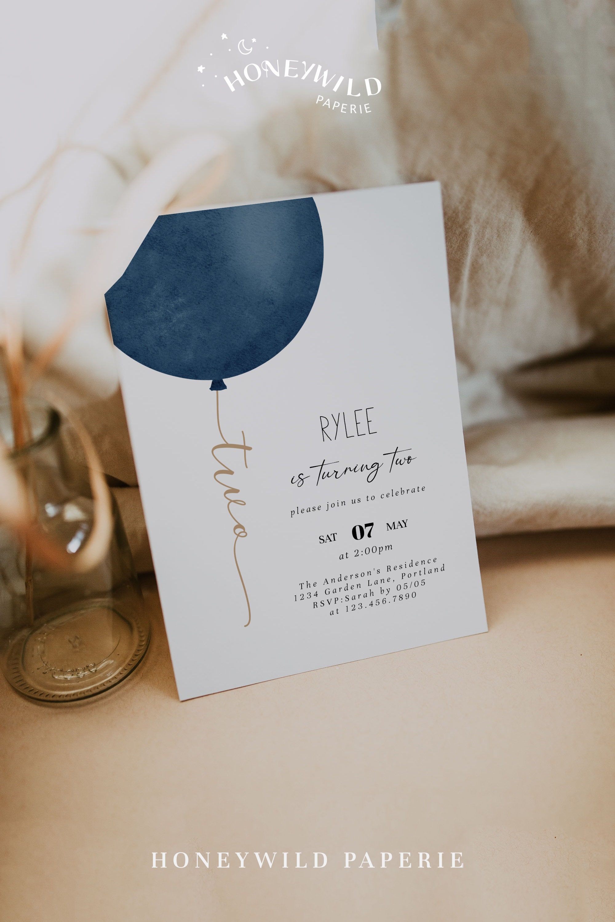 Baby Boy 2nd Birthday Invitation Navy Blue and Gold | Etsy