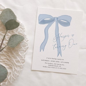 Elegant Blue Bow Birthday Invitation Template, Blue Ribbon Birthday ...