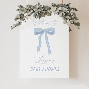 Editable Elegant Blue Bow Welcome Sign Template - Modern Pretty Bows ...