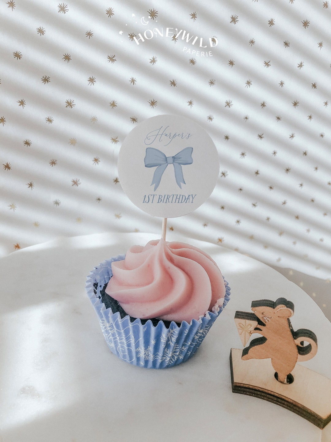 Elegant Blue Bow Cupcake Toppers Editable 2 Circles for Birthday & Baby ...
