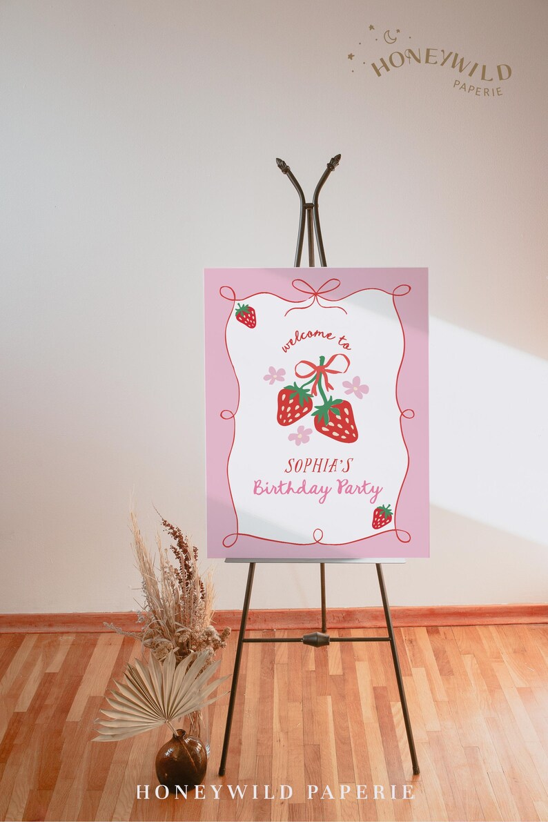 Editable Strawberry Welcome Sign - Hand Drawn Coquette Ribbon Bow ...