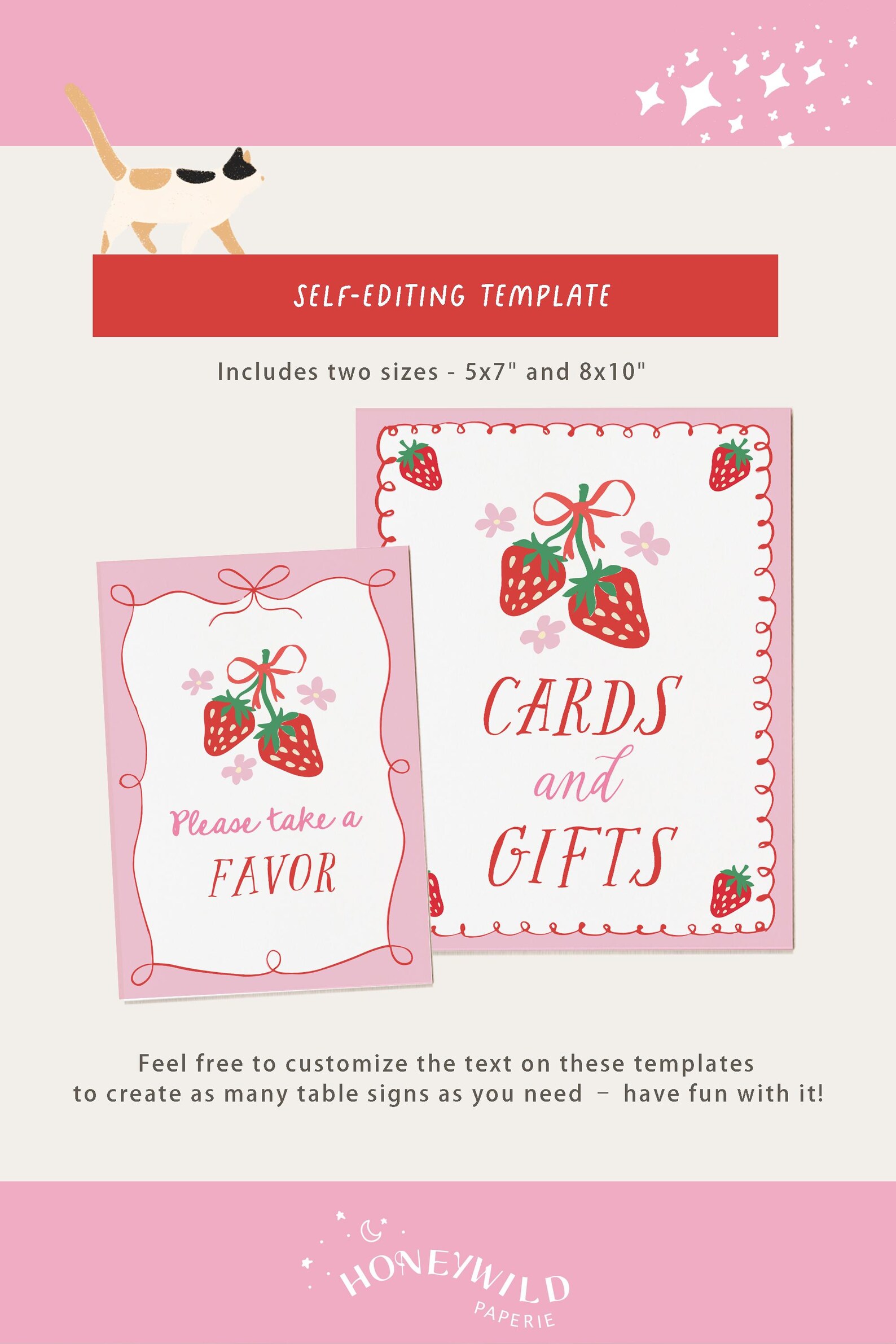 Strawberry Party Table Signs - Hand Drawn Ribbon Bow Strawberries ...