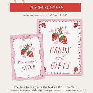 Strawberry Party Table Signs - Hand Drawn Ribbon Bow Strawberries ...