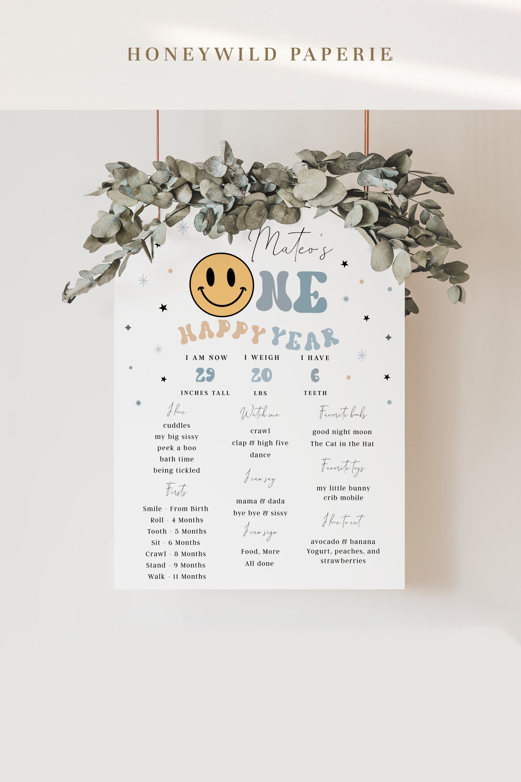 Modern Smiley Face 1st Birthday Milestone Board, One Year of Smiles ...