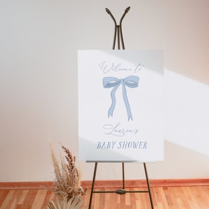 Editable Elegant Blue Bow Welcome Sign Template - Modern Pretty Bows ...
