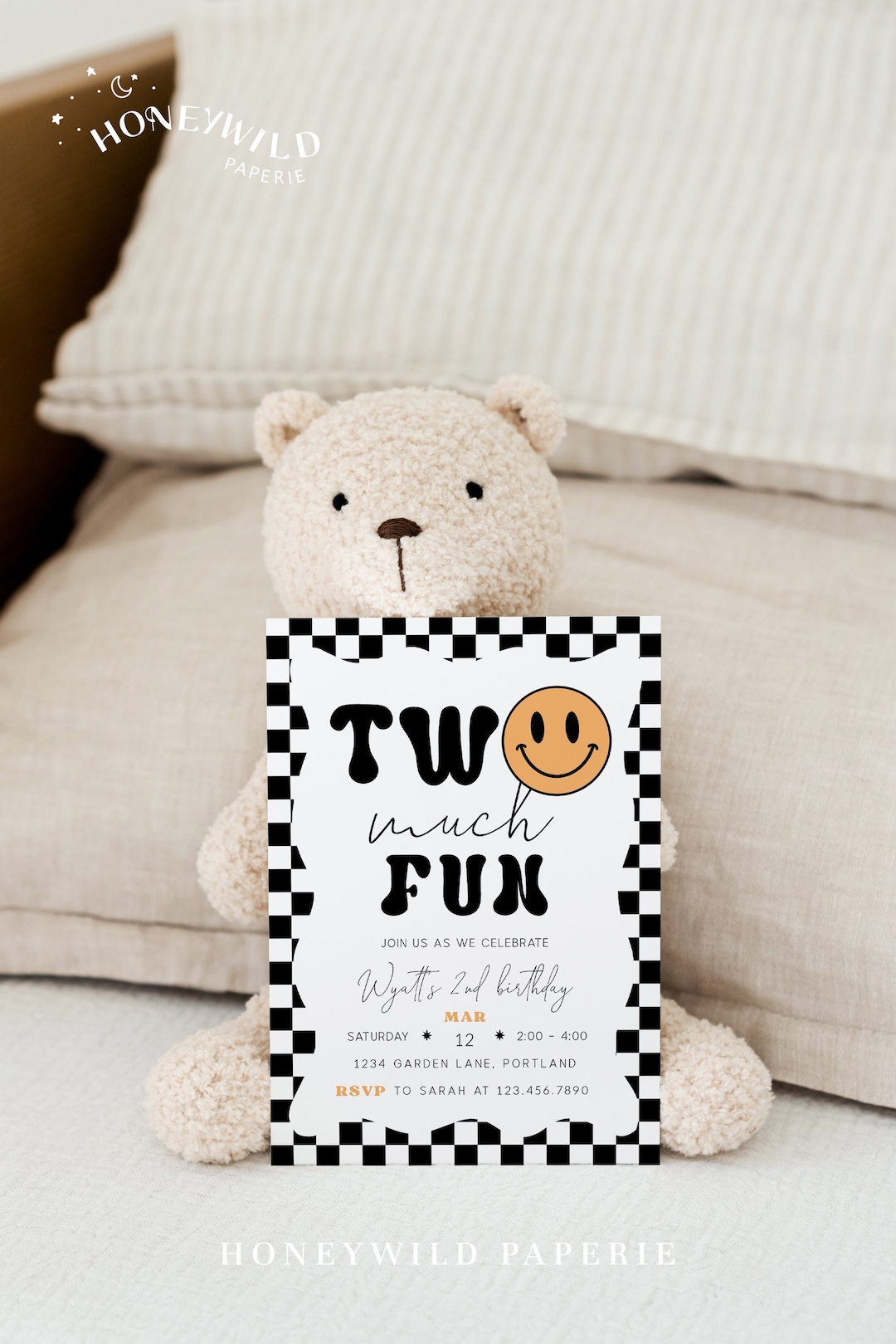 Two Much Fun Boy Smiley Face 2nd Birthday Invitation, Checkered Pattern ...