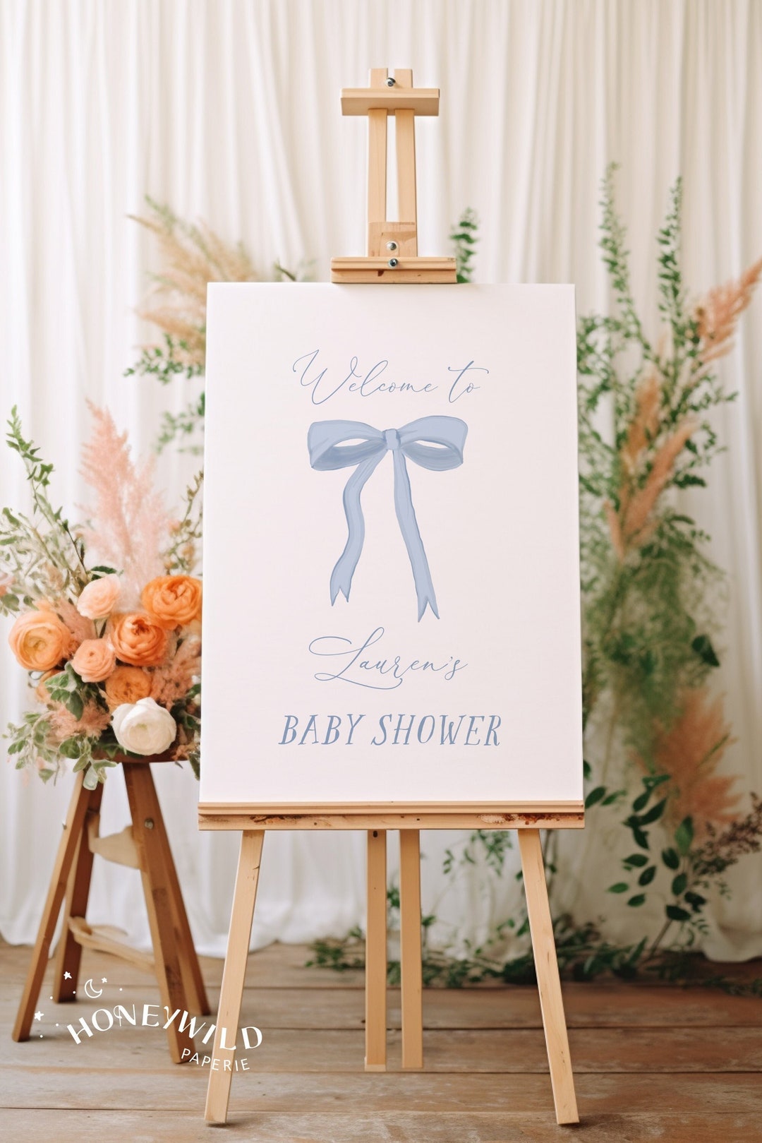 Editable Elegant Blue Bow Welcome Sign Template - Modern Pretty Bows ...