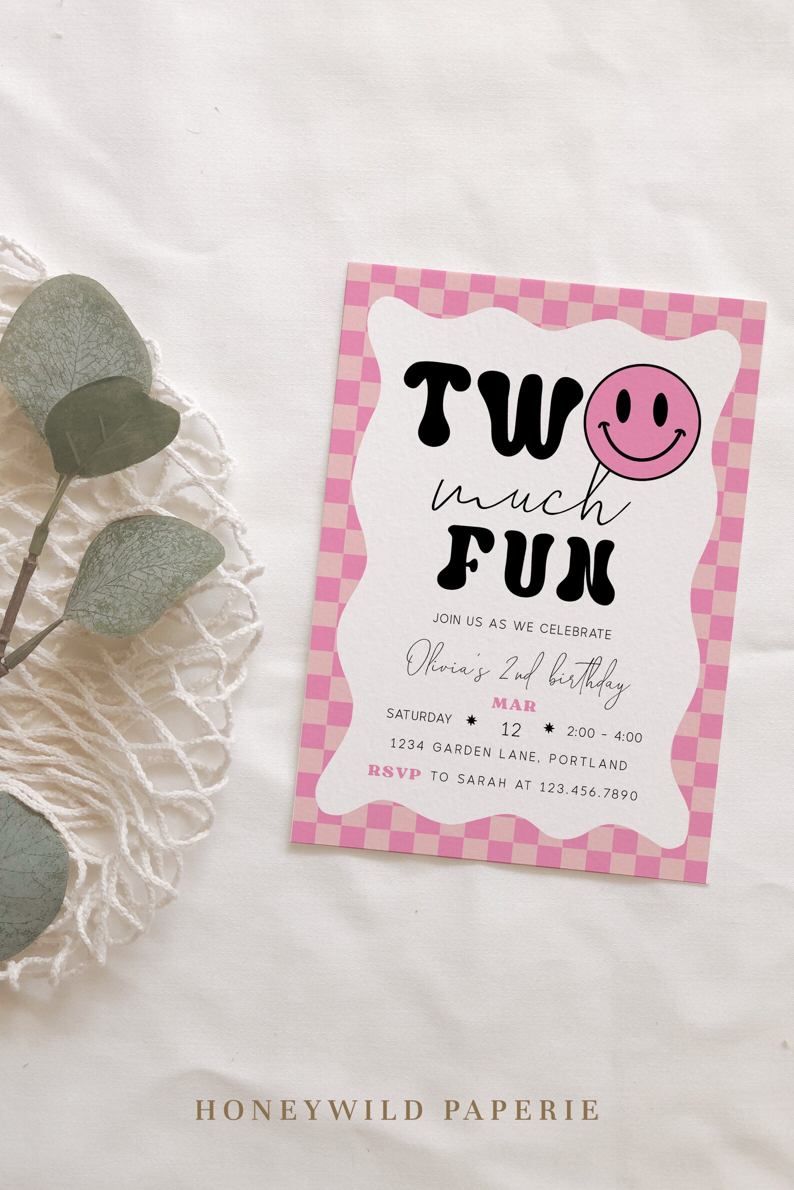 Two Much Fun Pink Smiley Face 2nd Birthday Invitation, Girl 2nd ...
