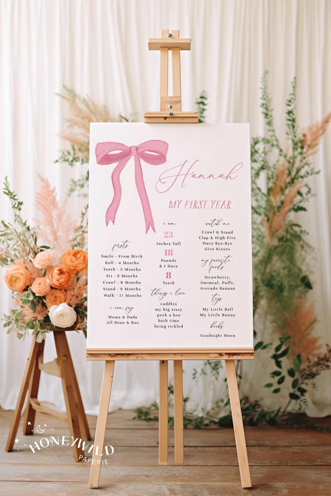 Preppy Pink Bow 1st Birthday Milestone Board - Editable Girl Baby First ...