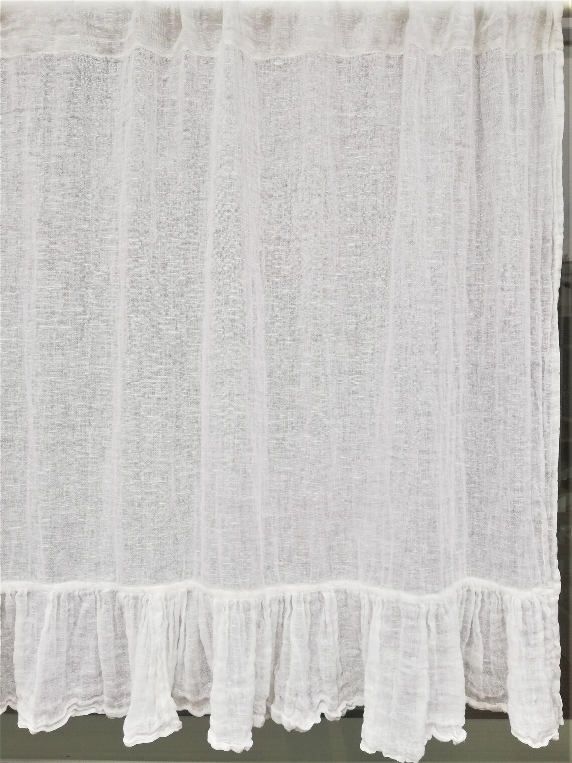 White Linen Gauze Curtain Panel With Ruffle Boho Window - Etsy