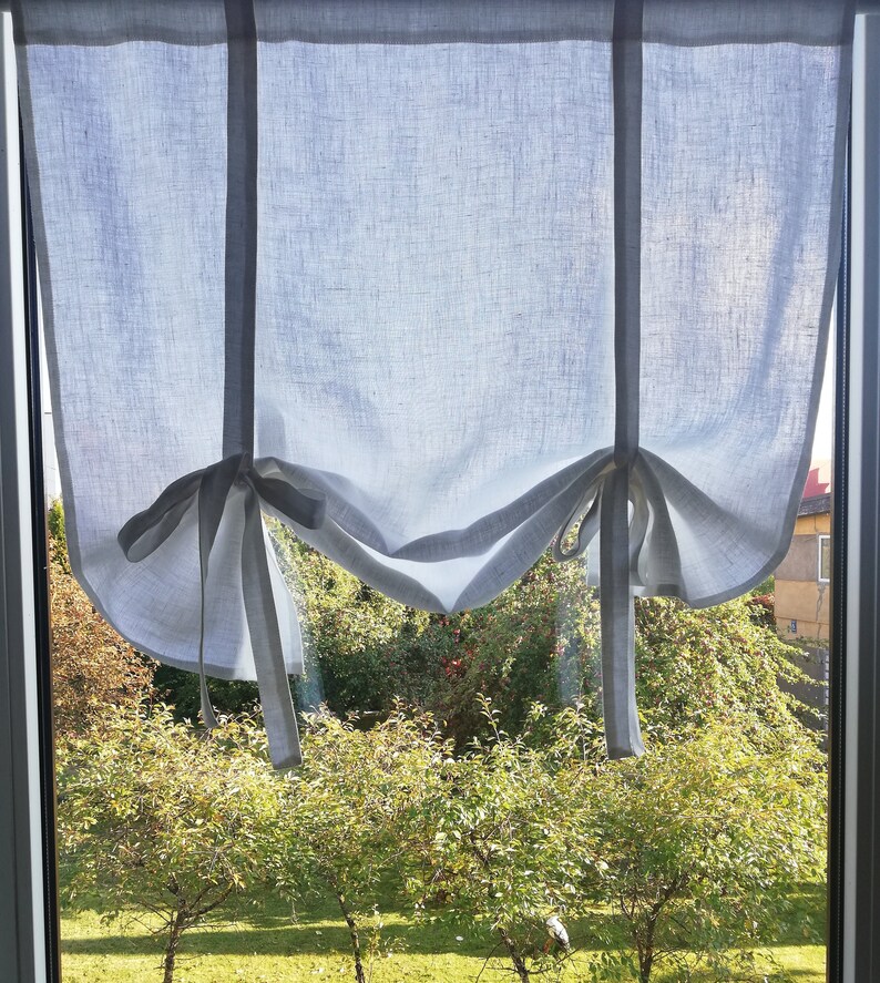 White Roll up Curtains, Swedish Tie up Shade, Linen Valance, Cafe ...