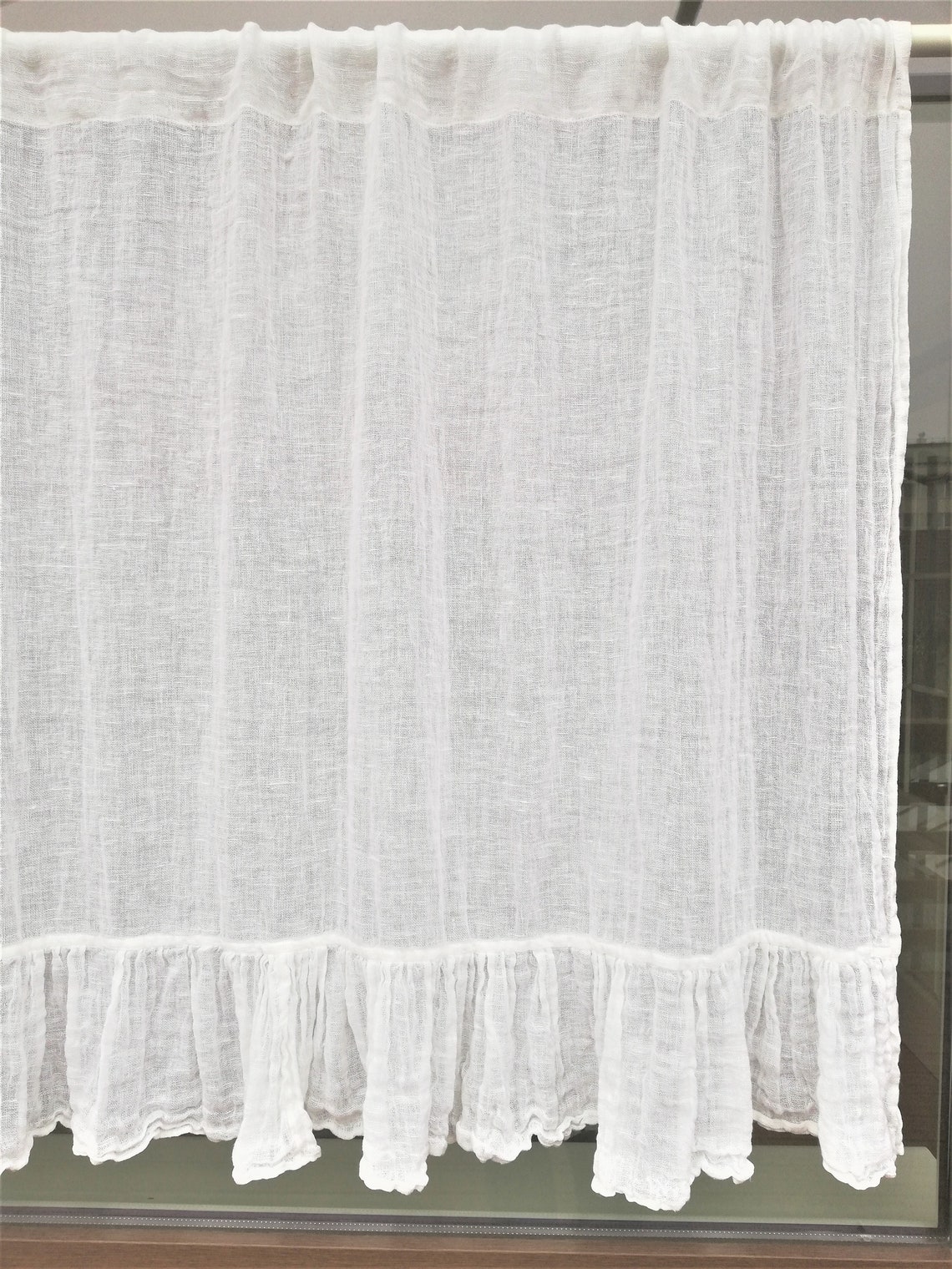 White Linen Gauze Curtain Panel With Ruffle Boho Window - Etsy