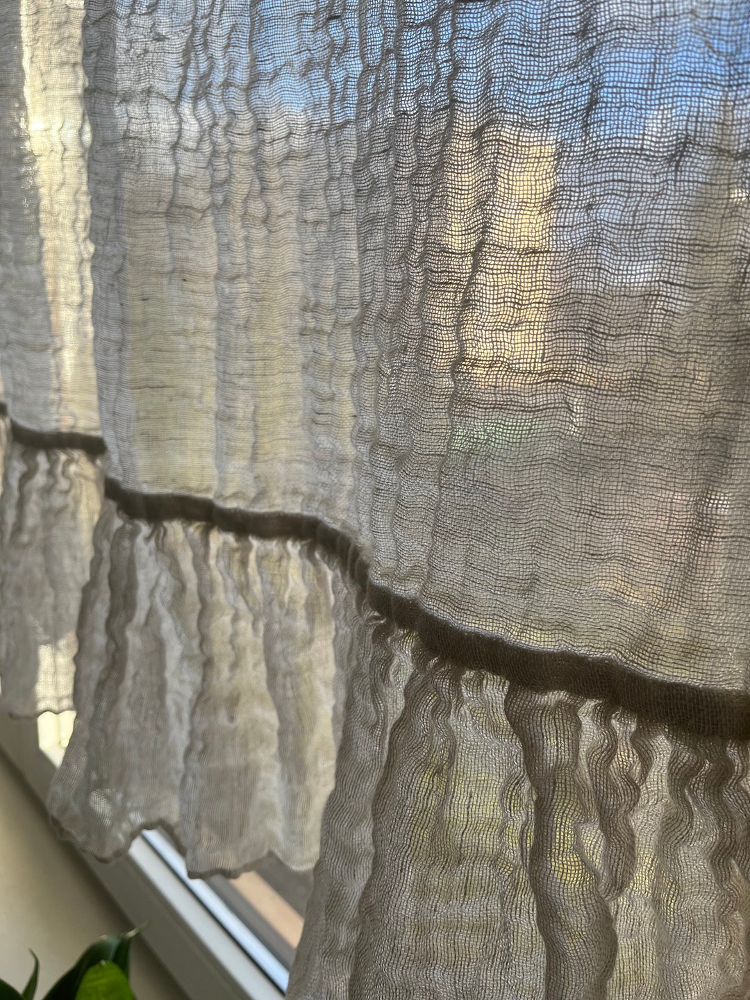 Gray Linen Gauze Curtain Panel With Ruffle, Boho Window Curtains, Sheer ...