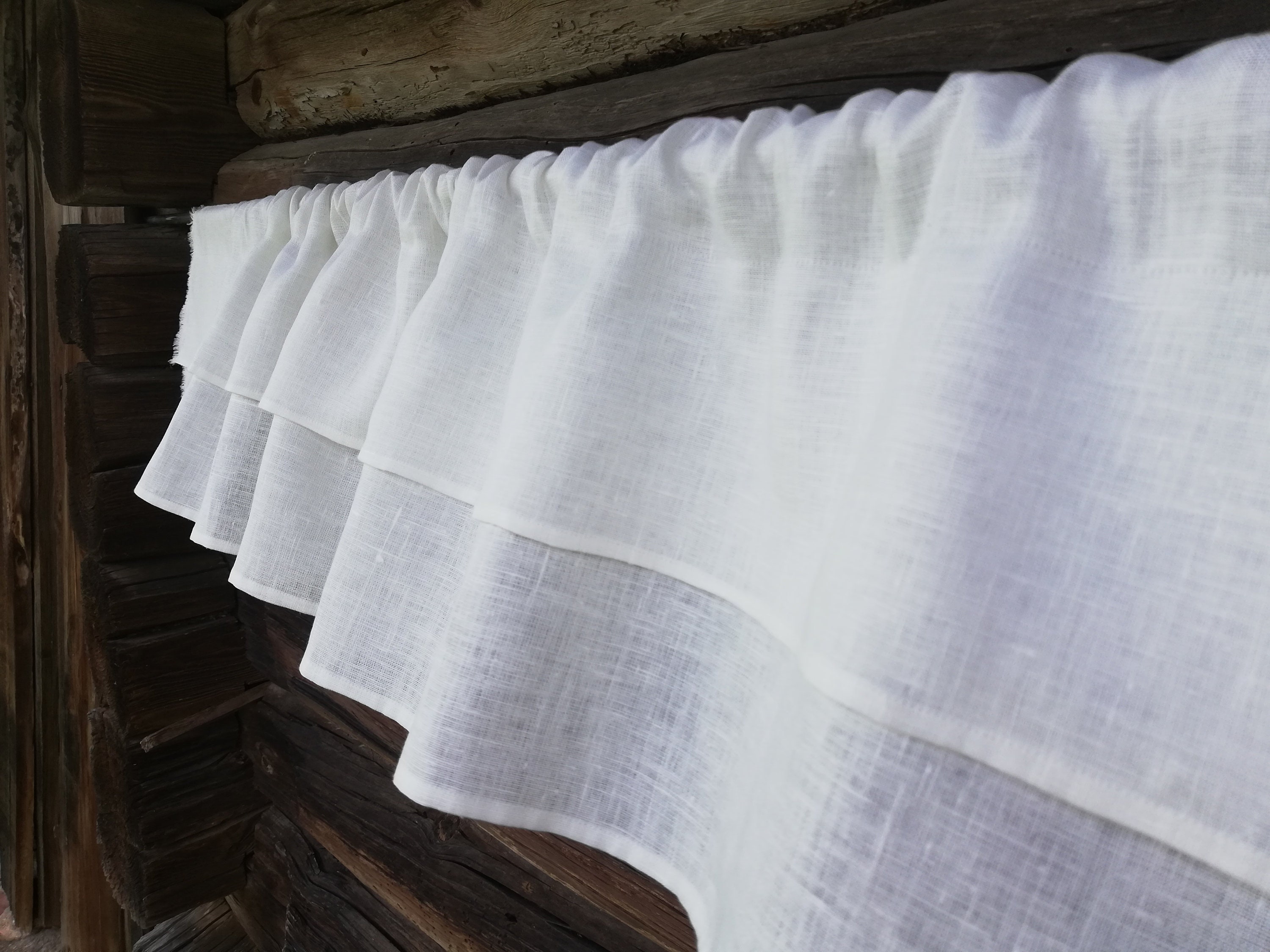 White Linen Ruffled Valance, Romantic White Linen Ruffled Curtain, Two ...