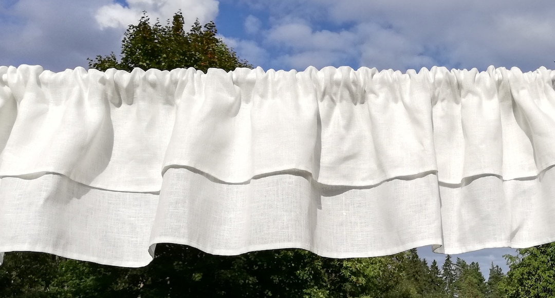 White Linen Ruffled Valance, Romantic White Linen Ruffled Curtain, Two ...