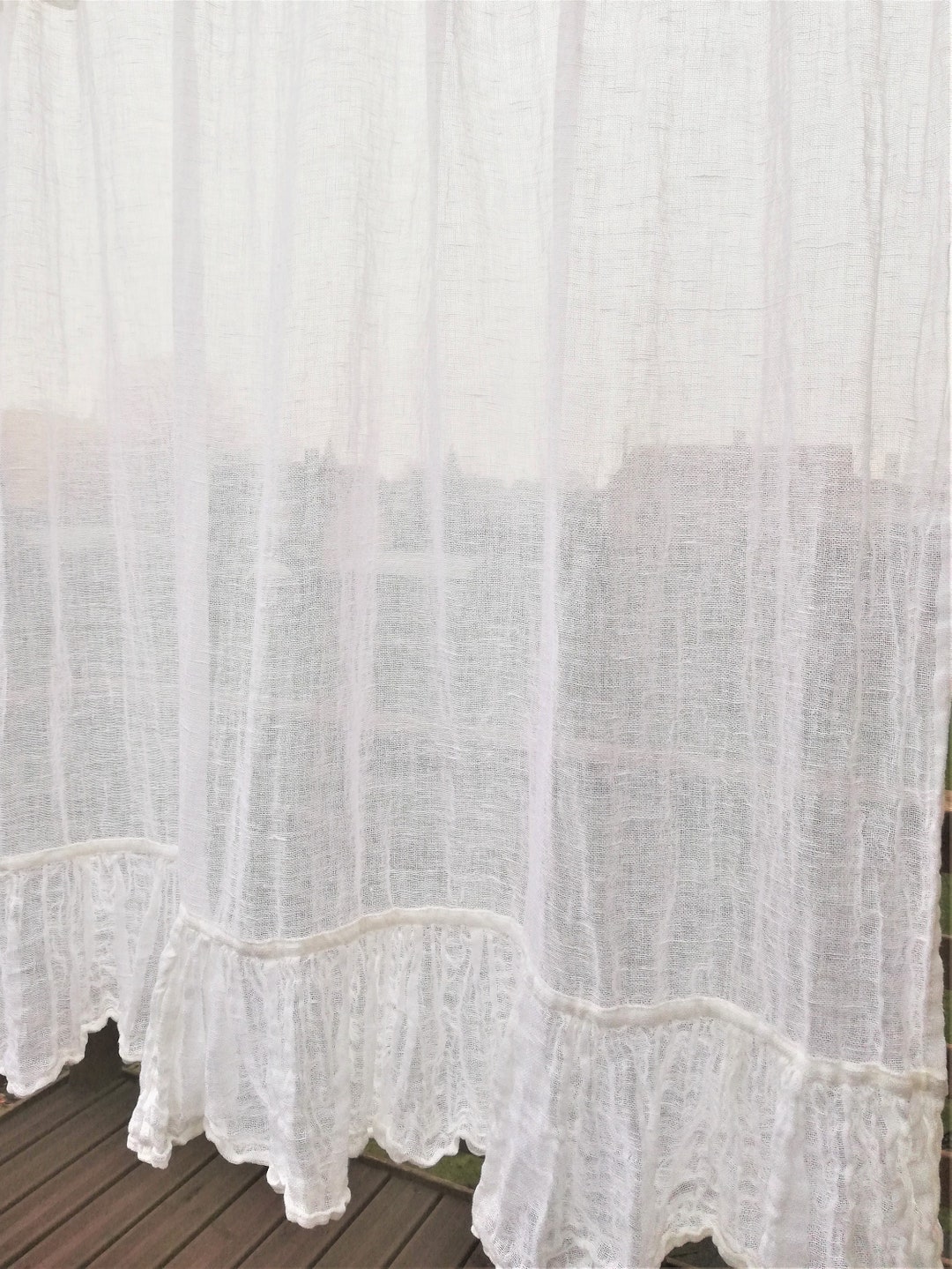 White Linen Gauze Curtain Panel With Ruffle, Boho Window Curtains ...