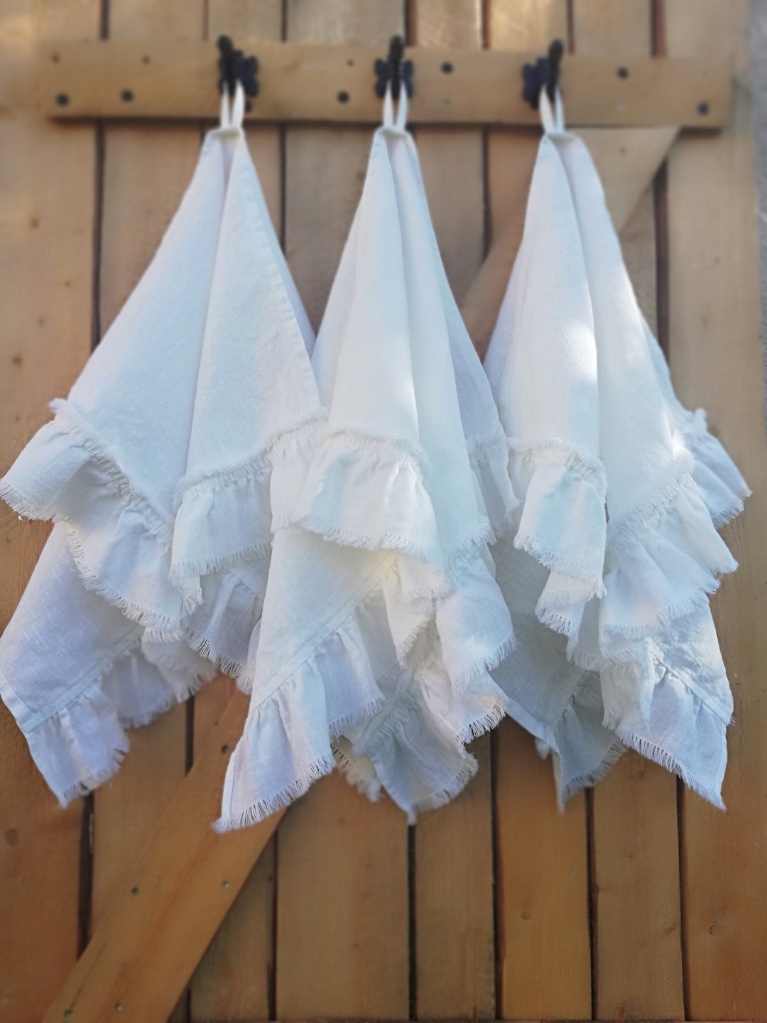 Ruffled Linen Towel, Set of 3,4 White Linen Towel, Natural White Frayed ...