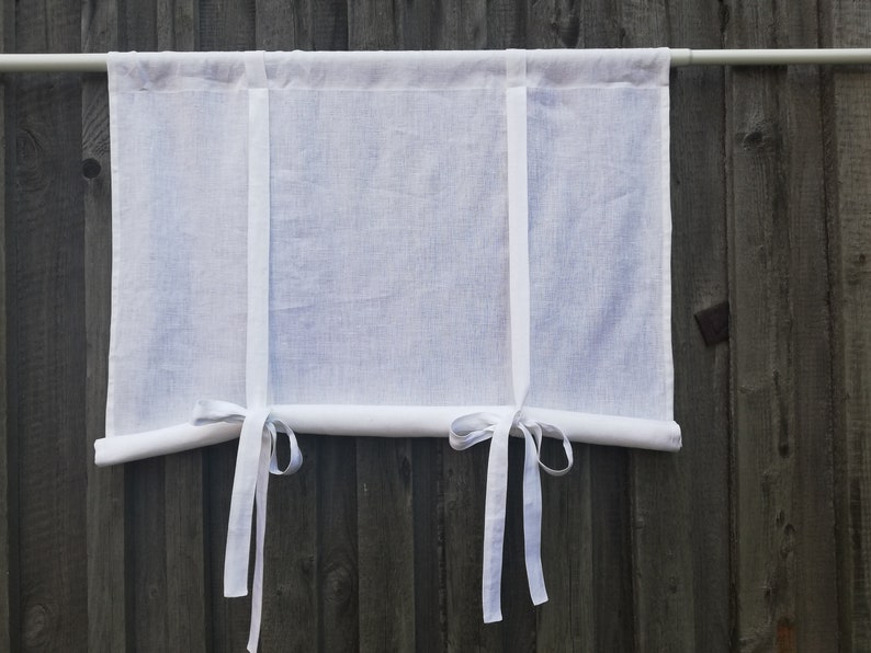 White Roll up Curtains, Swedish Tie up Shade, Linen Valance, Cafe ...