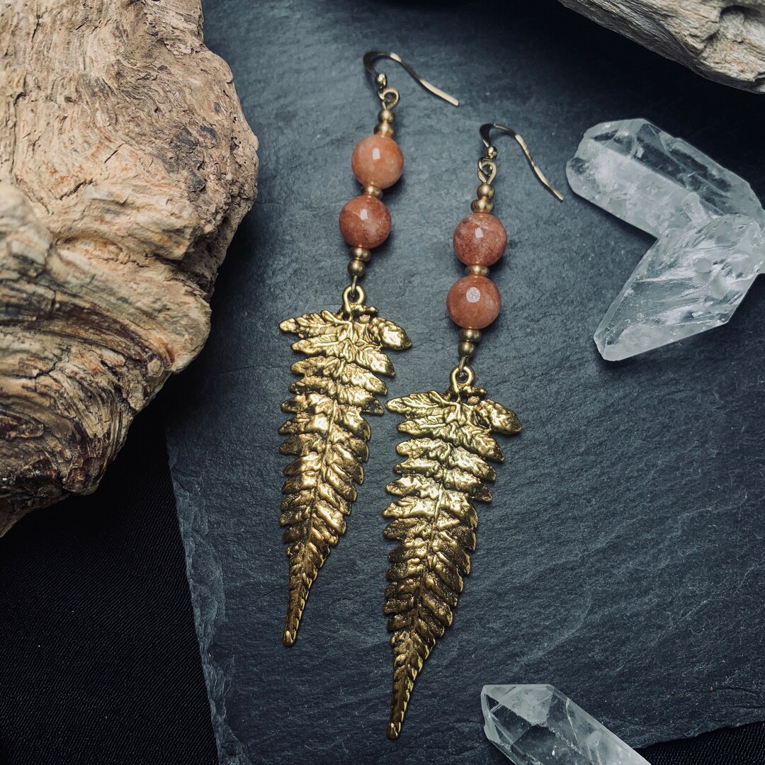 Fern Earrings I Natural, Sunstone, Gold, Long, Pagan, Rustic, Wicca ...