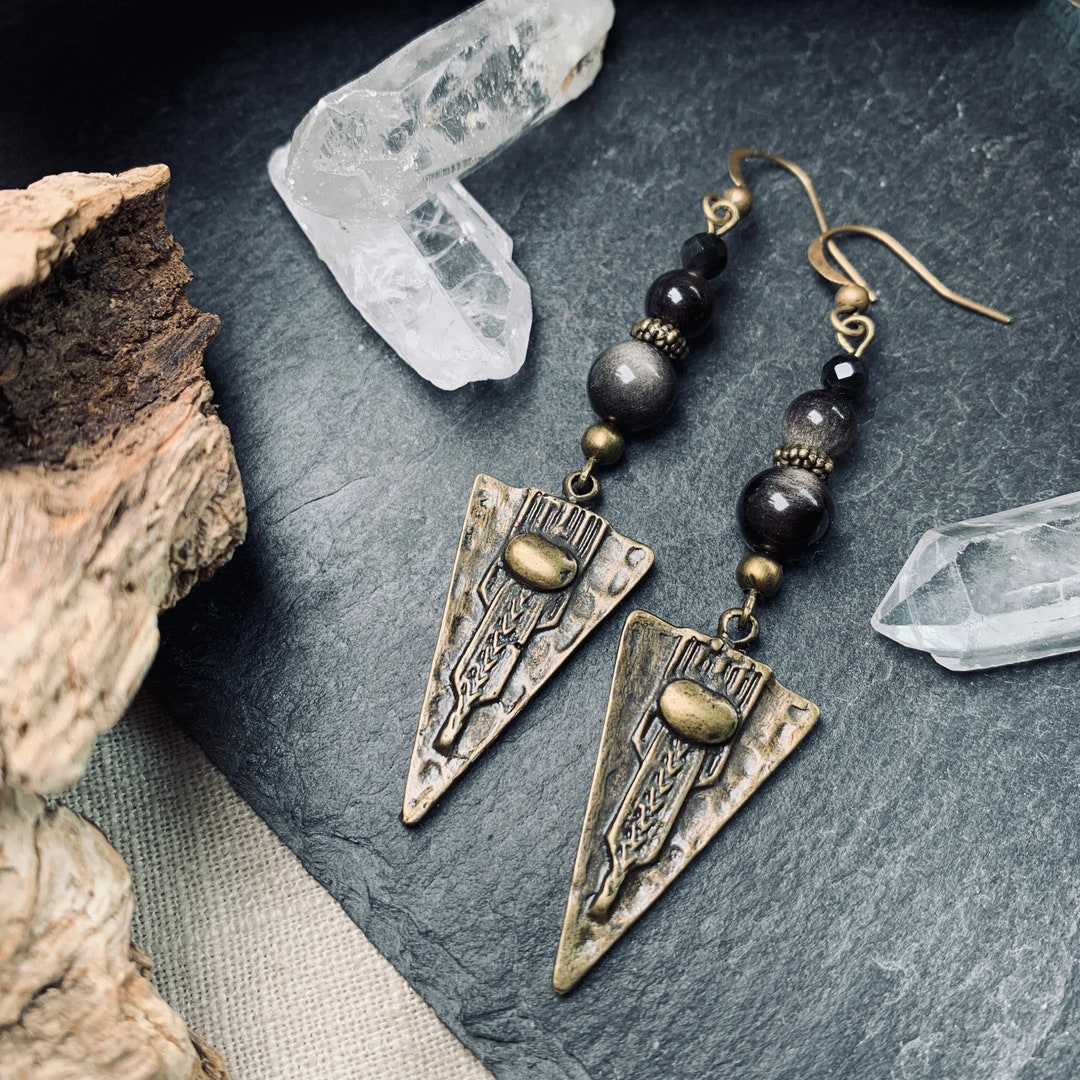 Antique Earrings With Obsidian, Spear, Triangle, Bronze, Hanging ...
