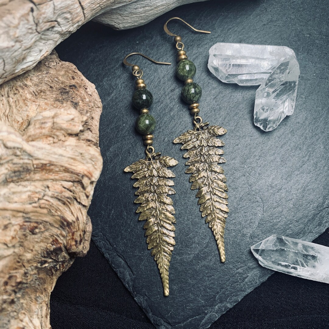 Fern Earrings I Natural, Green Jade, Long, Round, Pagan, Rustic, Wicca ...