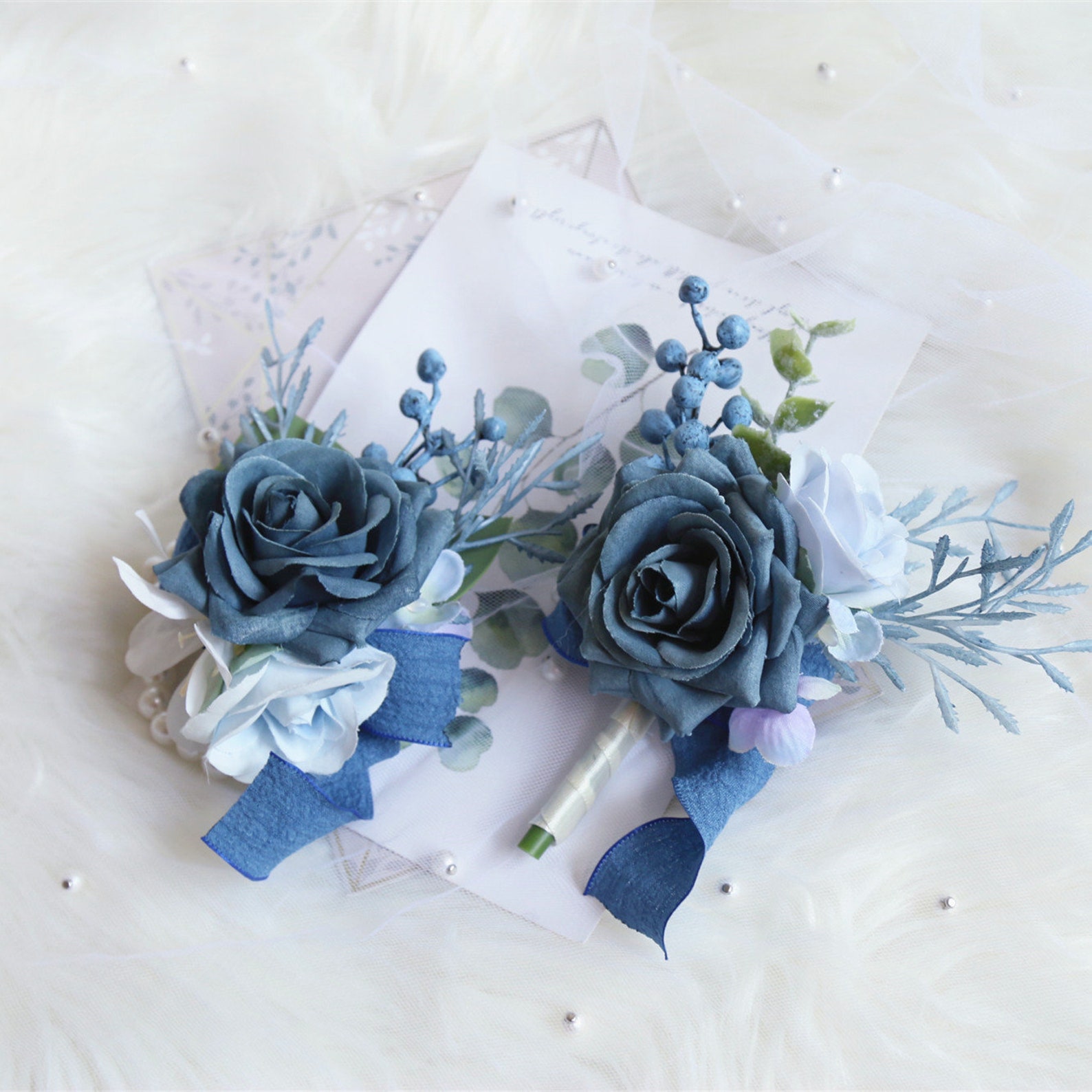 Artificial Dusty Light Blue and Deep Blue Corsage Wedding Corsage ...