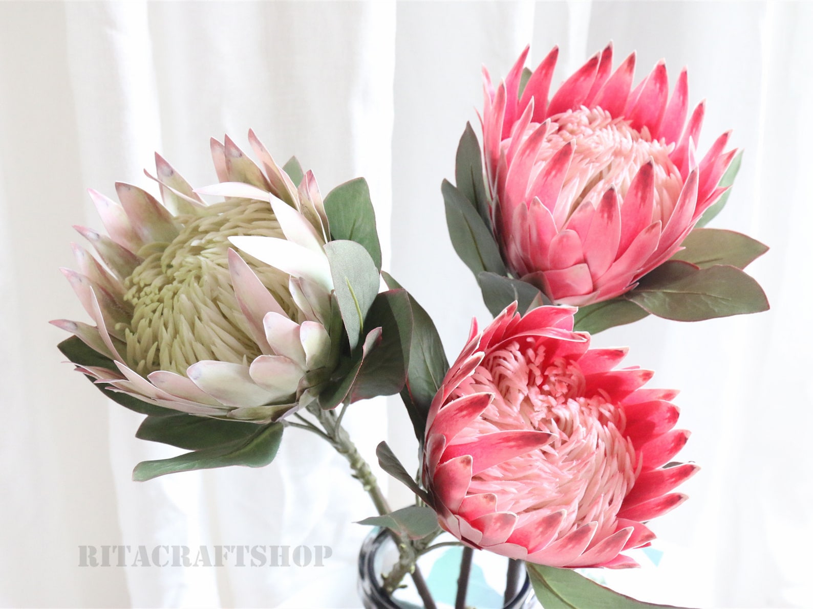 1 Stem Artificial Protea Real Touch Fake White King Protea Faux Pink ...
