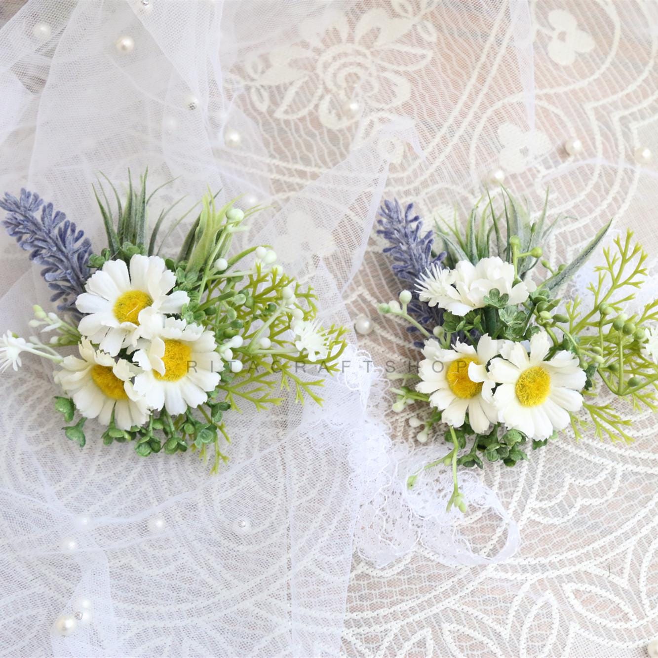 Artificial White Daisy and Lavender Wedding Corsage Bridal Bridesmaid ...