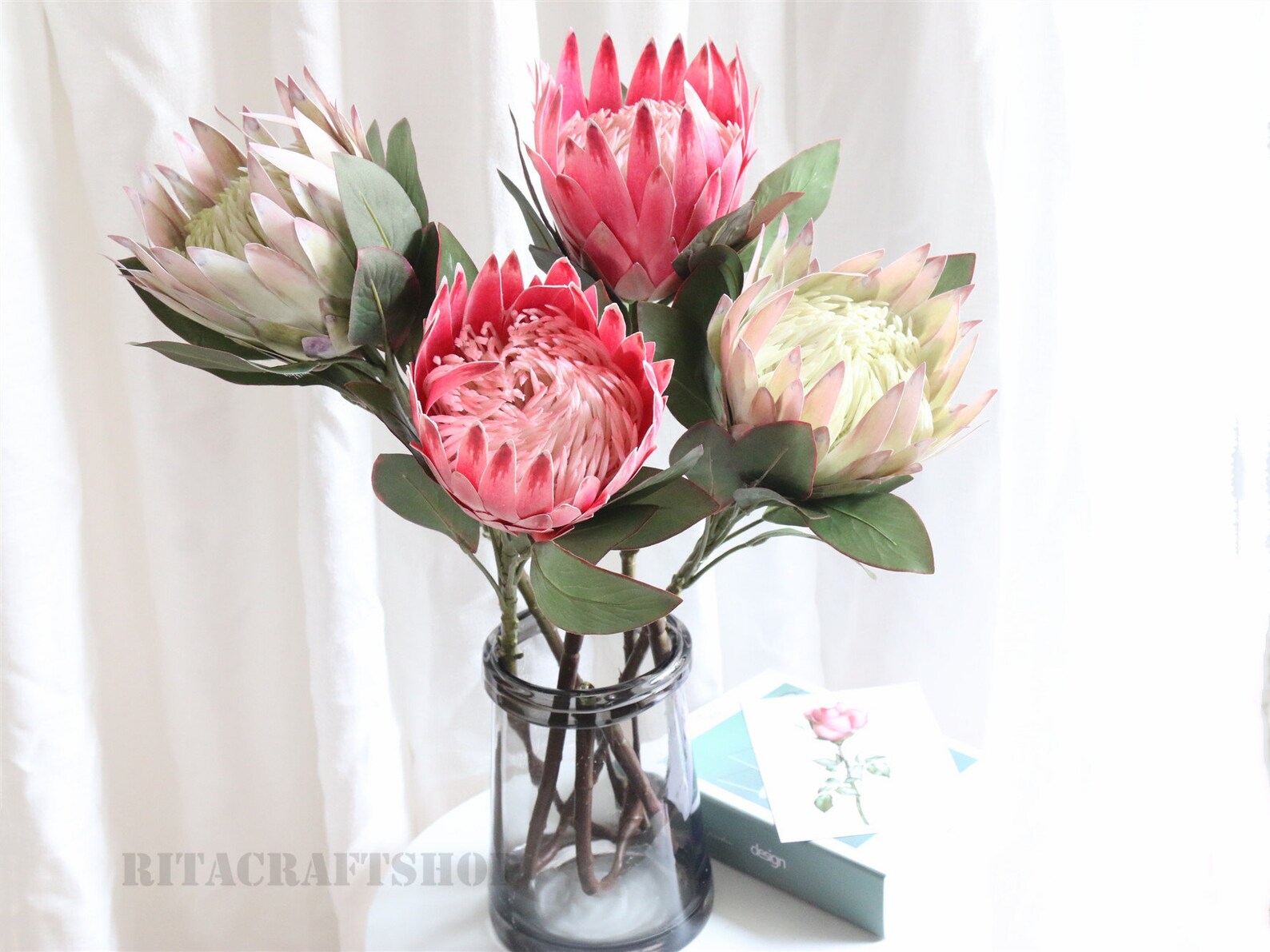1 Stem Artificial Protea Real Touch Fake White King Protea Faux Pink ...