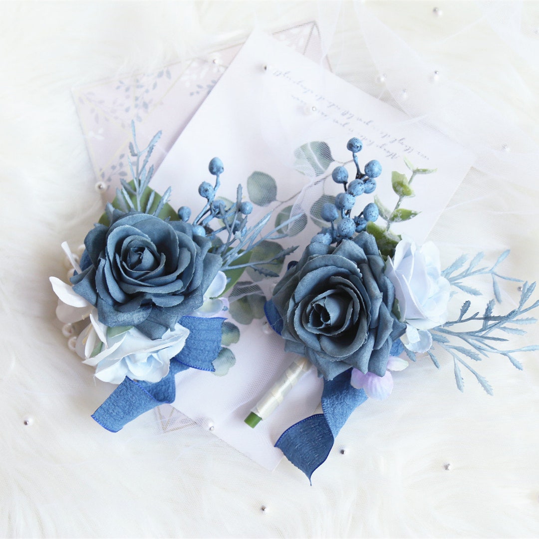 Artificial Dusty Light Blue and Deep Blue Corsage Wedding Corsage ...