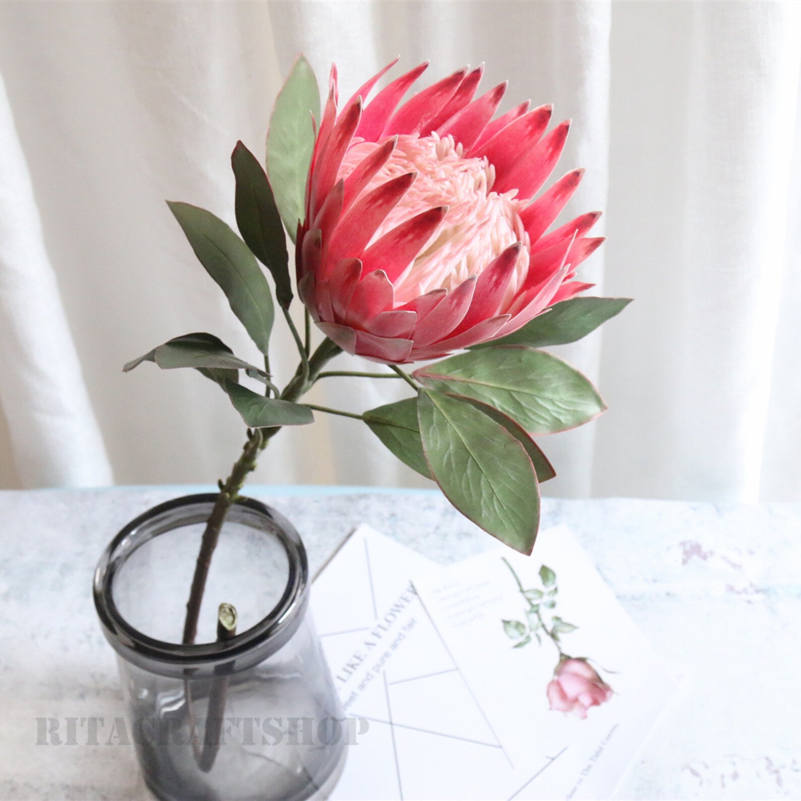 1 Stem Artificial Protea Real Touch Fake White King Protea Faux Pink ...