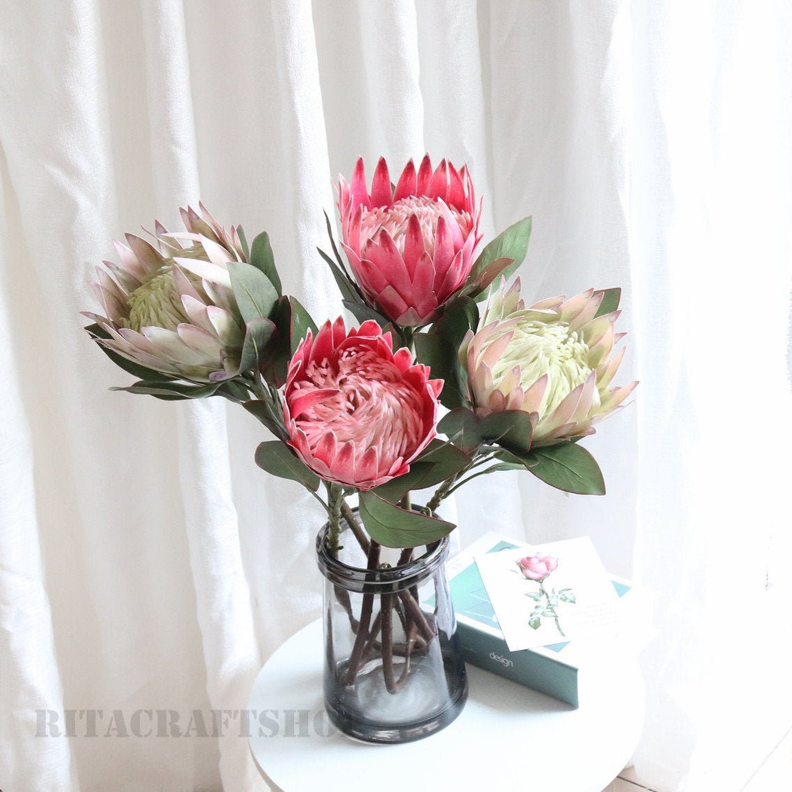 1 Stem Artificial Protea Real Touch Fake White King Protea Faux Pink ...