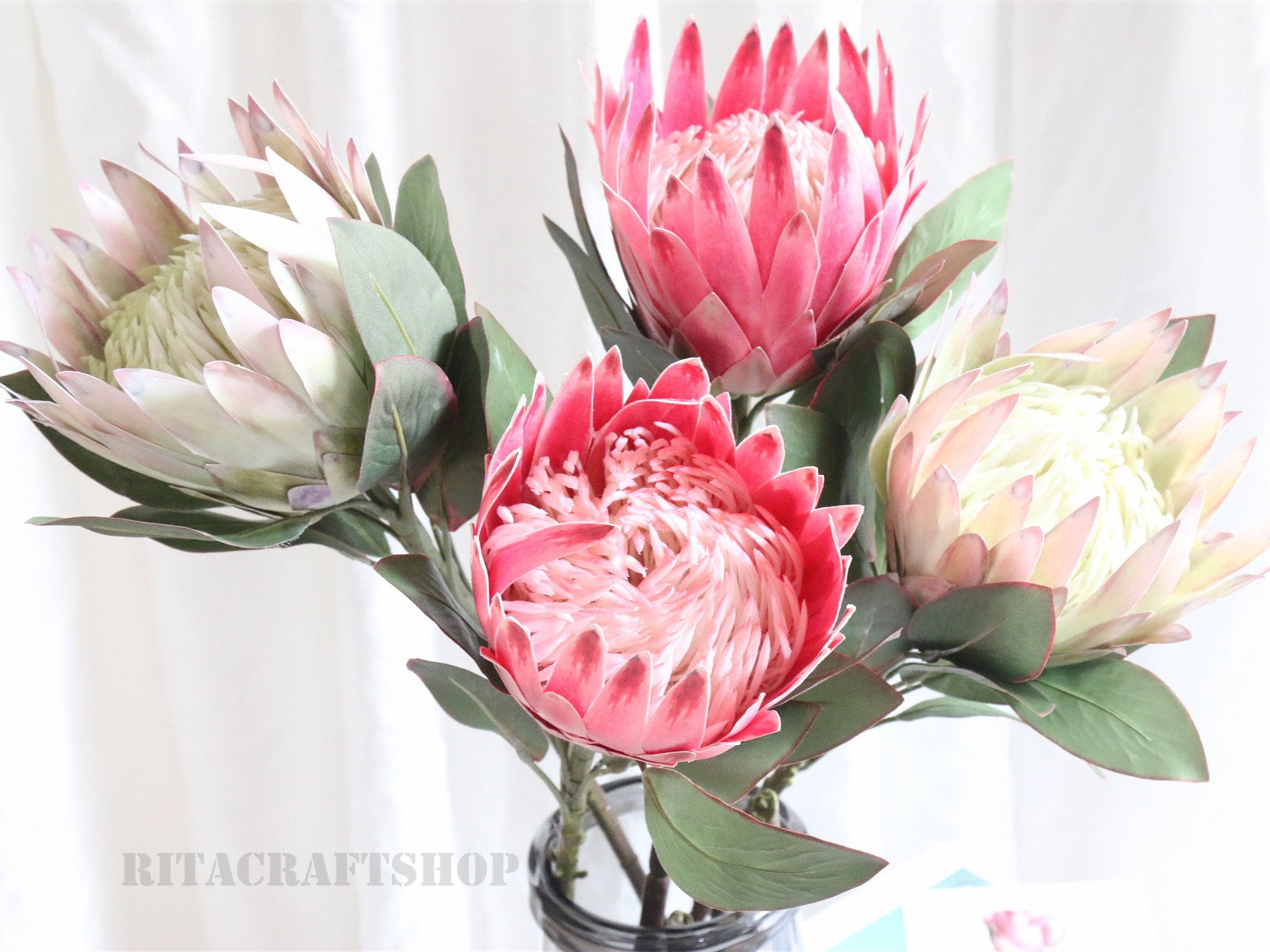 1 Stem Artificial Protea Real Touch Fake White King Protea Faux Pink ...