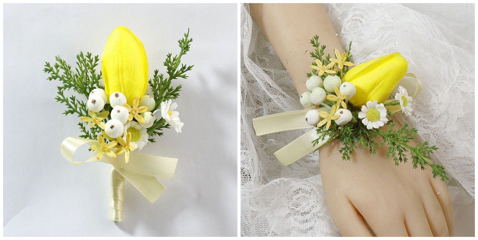 Artificial Yellow Corsage Calla Lily Tulip Billy Button Rose Corsage ...