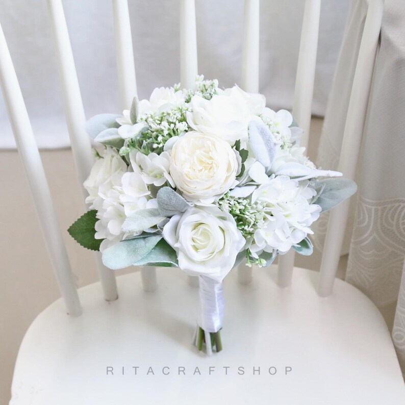 White and Sage Green Boho Wedding Flower Bouquet Set Summer Spring Rose ...