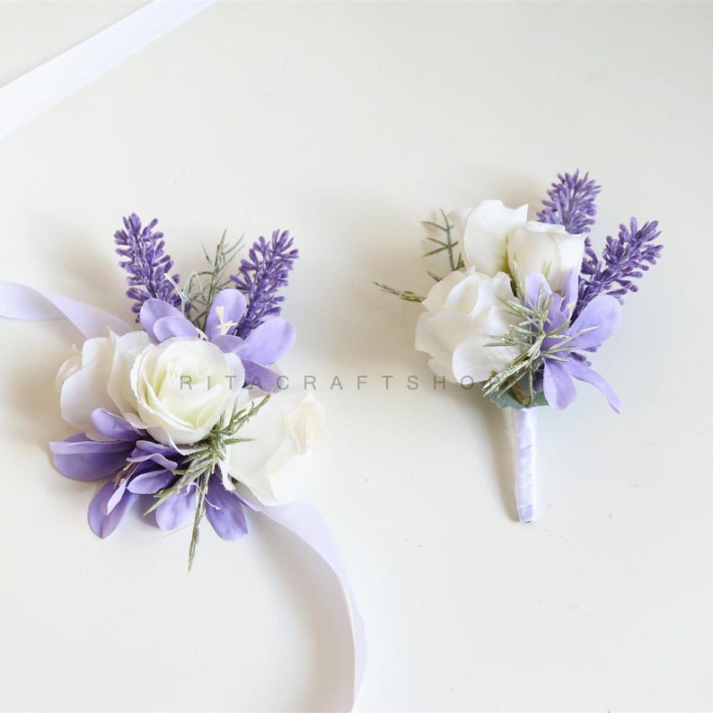 Artificial White and Purple Corsage Lavender Wedding Corsage Bridal ...