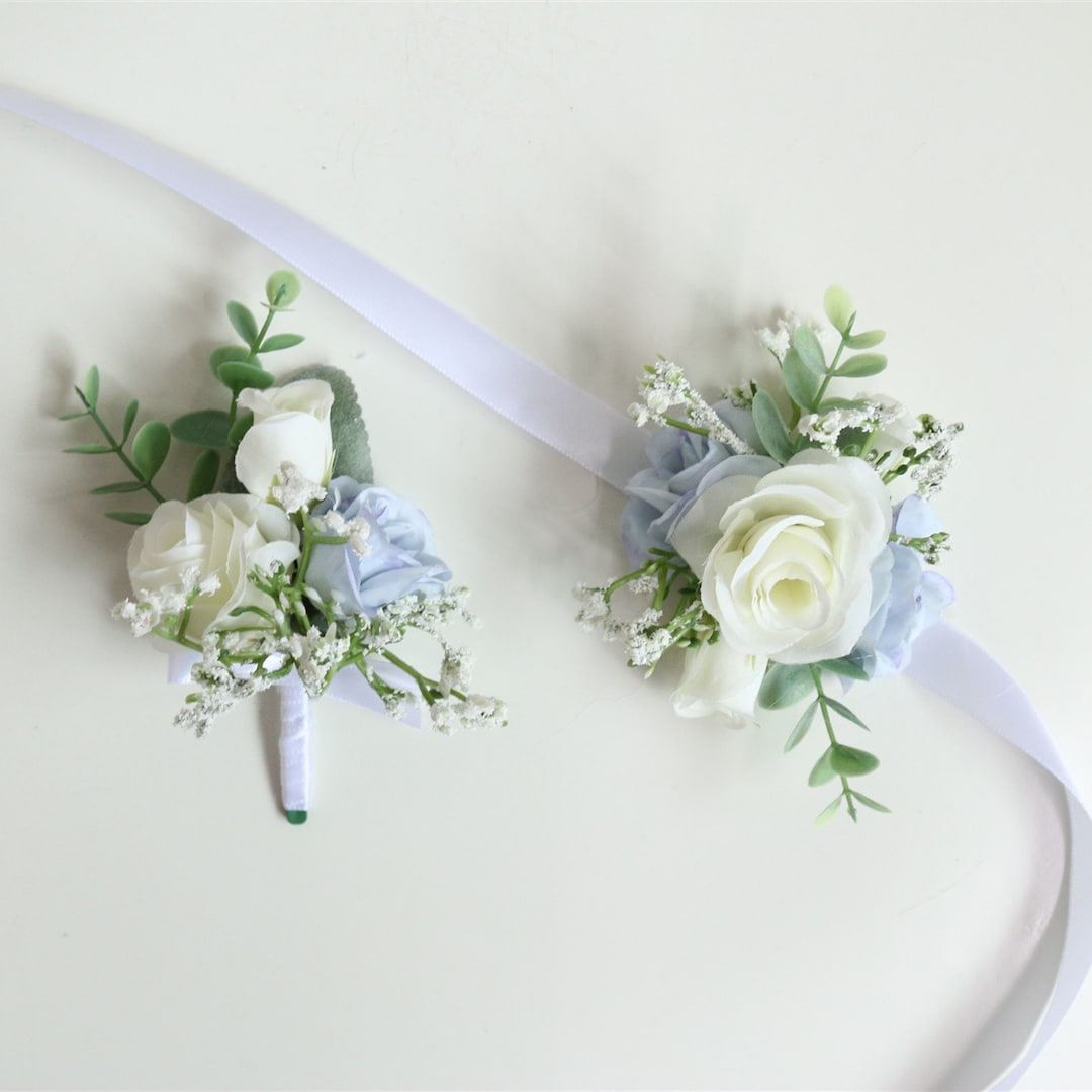 Artificial White and Light Blue Wedding Corsage Eucalyptus Leaves ...