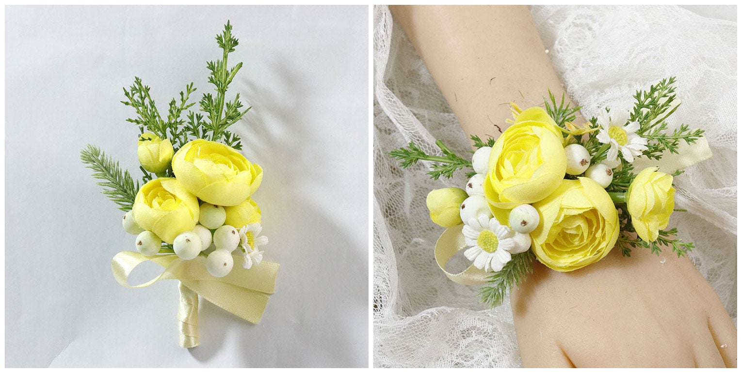 Artificial Yellow Corsage Calla Lily Tulip Billy Button Rose Corsage ...