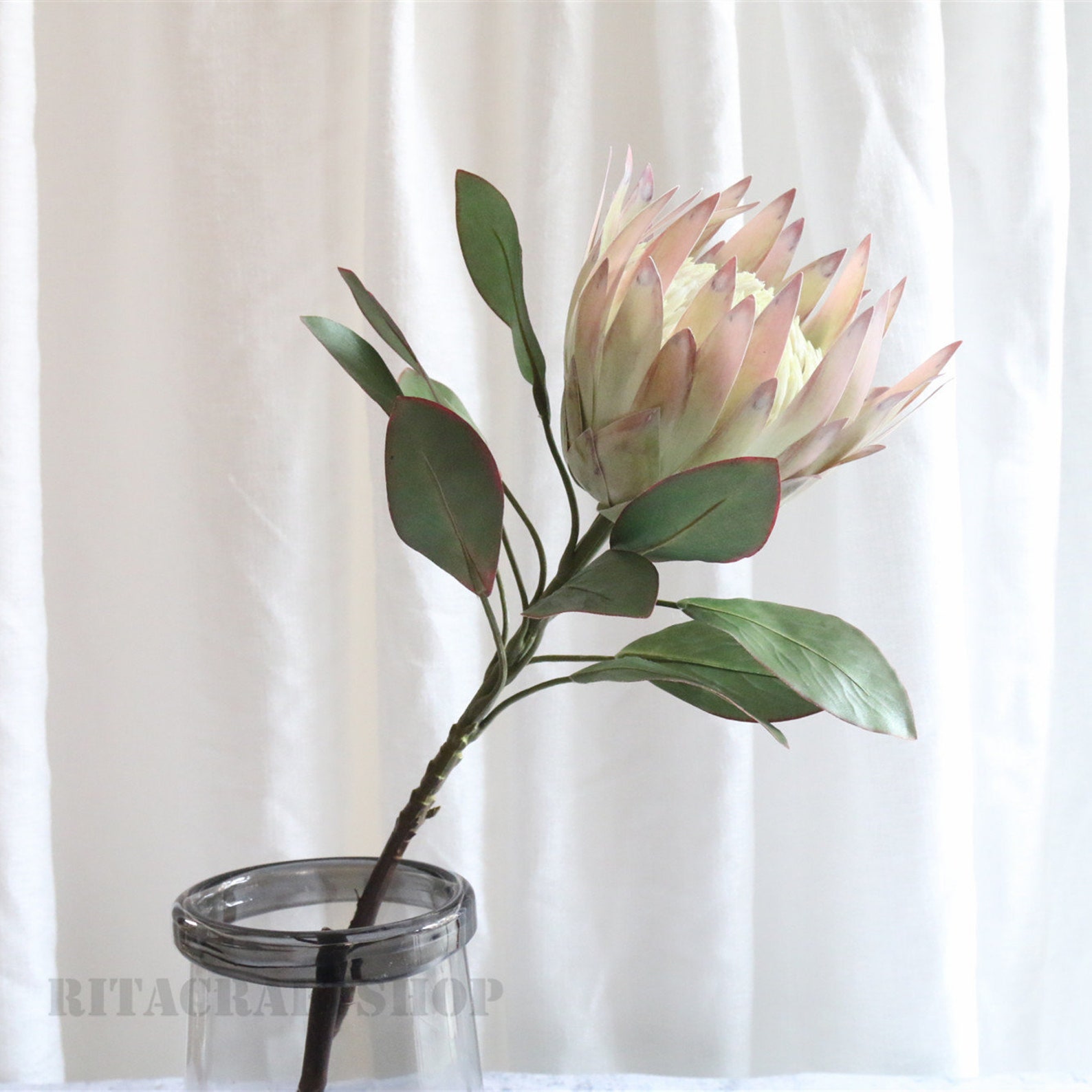 1 Stem Artificial Protea Real Touch Fake White King Protea Faux Pink ...