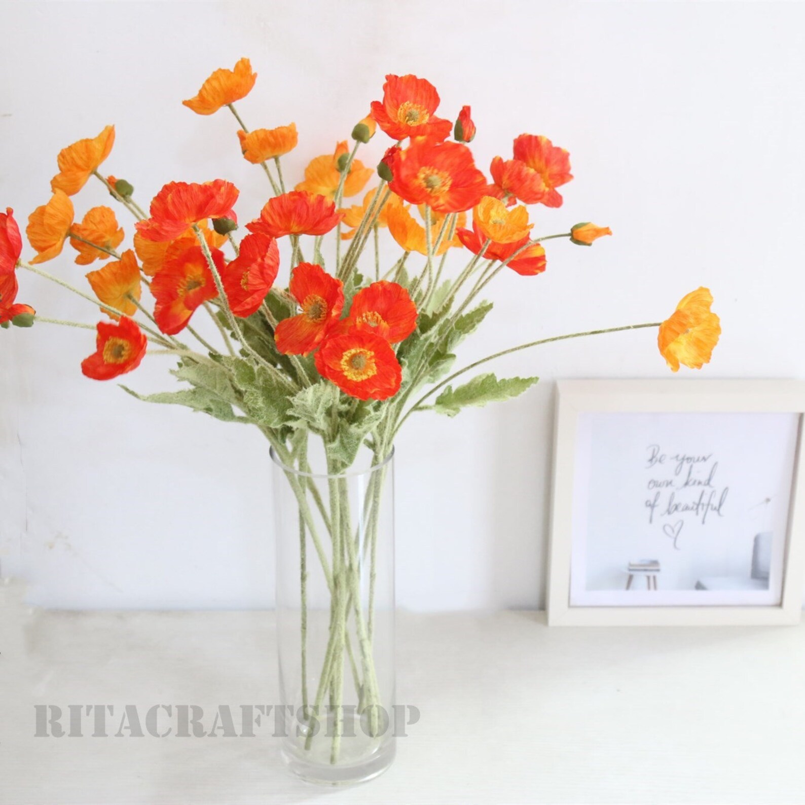 5 Stems Silk Poppy Stem Fake Poppy Orange Red Faux Flower | Etsy
