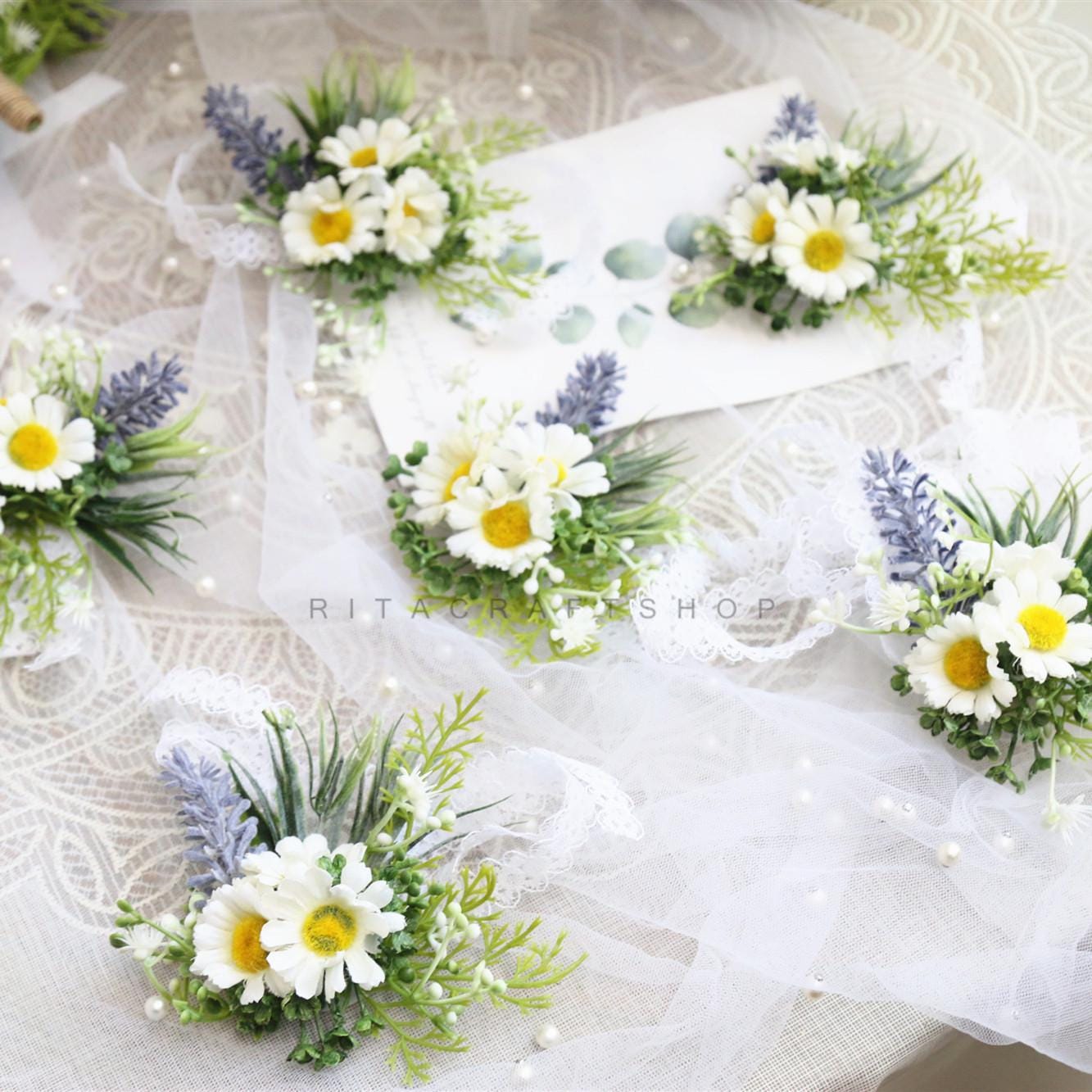 Artificial White Daisy and Lavender Wedding Corsage Bridal Bridesmaid ...