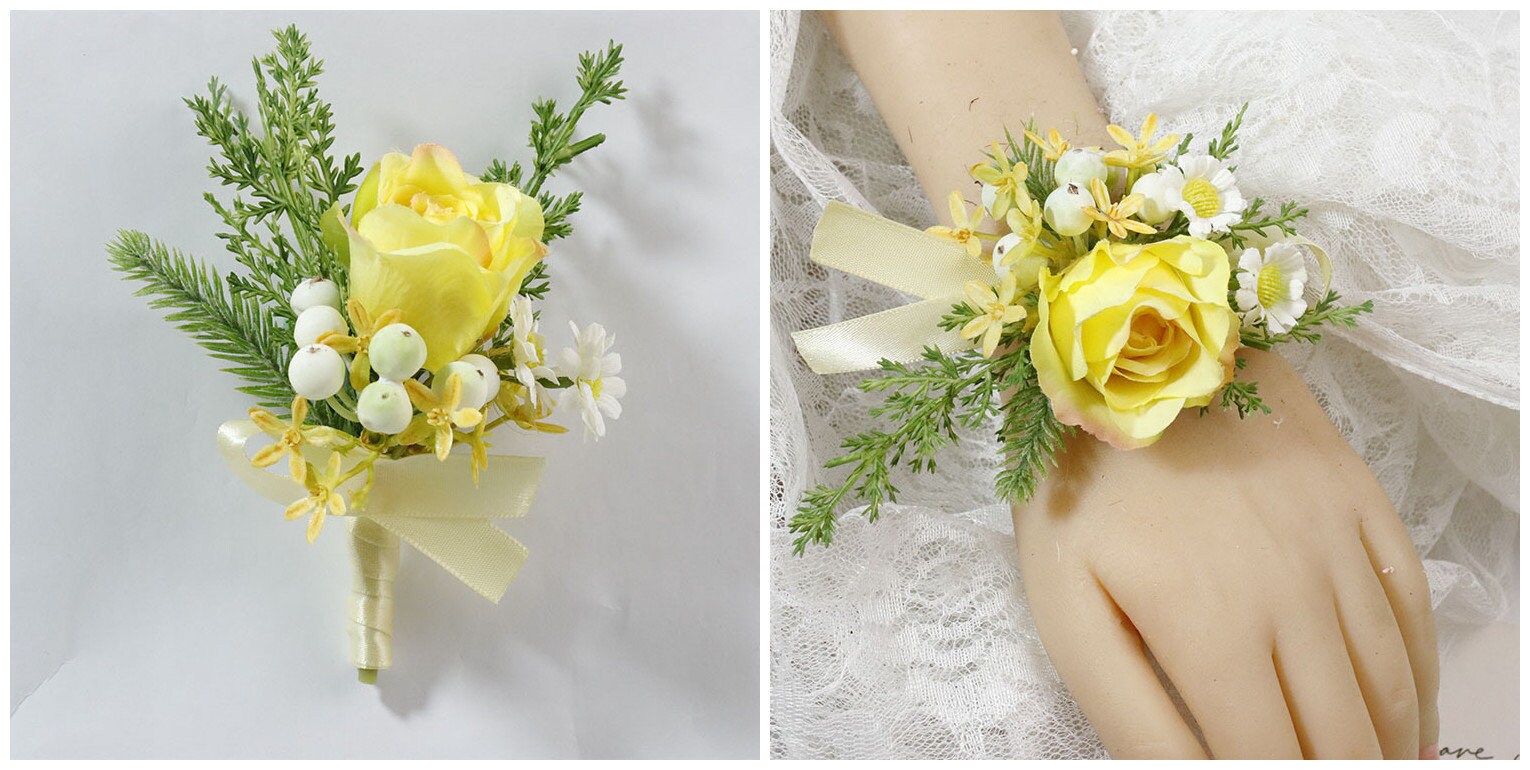 Artificial Yellow Corsage Calla Lily Tulip Billy Button Rose Corsage ...