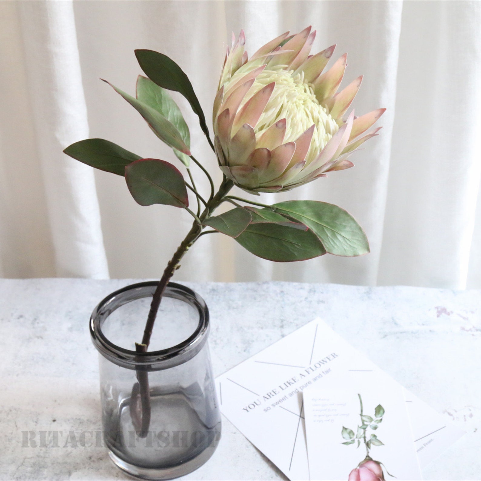 1 Stem Artificial Protea Real Touch Fake White King Protea Faux Pink ...