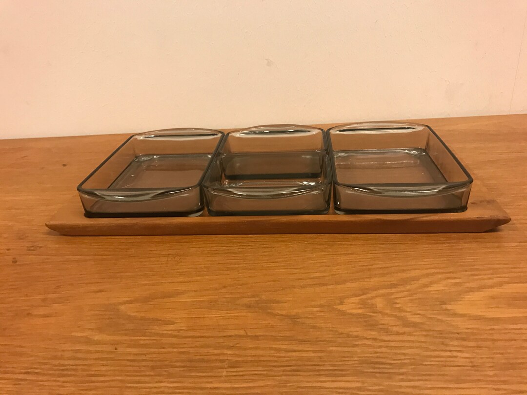 Mid Century Danish Teak Wood Condiment / Appetizer Tray 4 Glass Inserts ...