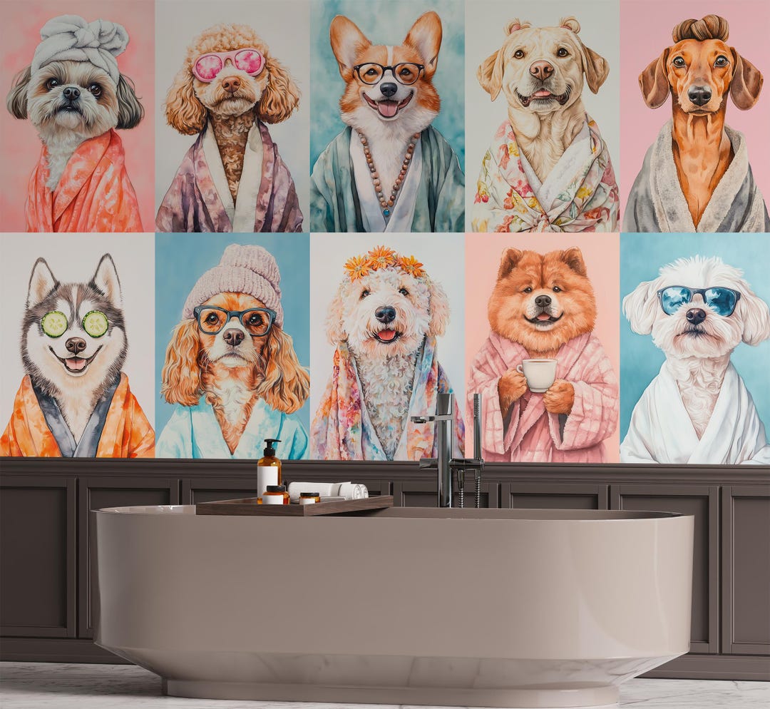 Colorful Dog Bathroom Mural, Peel and Stick Dog Wallpaper for Grooming ...