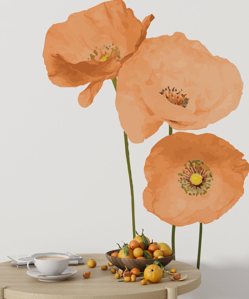 Orange Poppy Wall Decal Peel and Stick, Floral Wall Sticker for Dining ...
