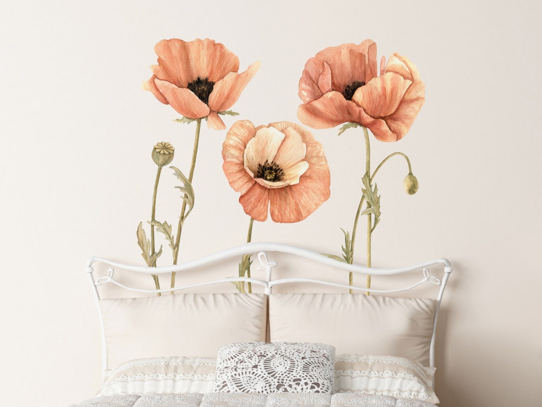 Watercolor Red Poppy Wall Decal, Hand Drawn Flower for Bedroom ...